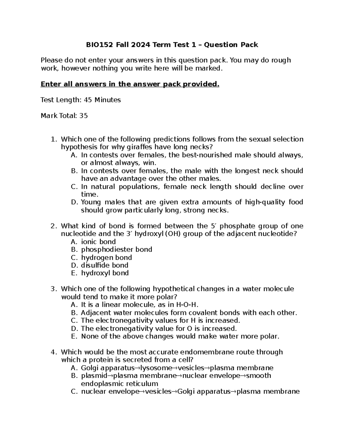 BIO152 Fall 2024 Term Test 1 - Comprehensive Question Pack - Studocu