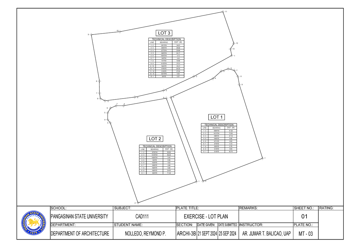 CAD Lot Plan Exercise MT 03 - Technical Descriptions by Nolledo - Studocu
