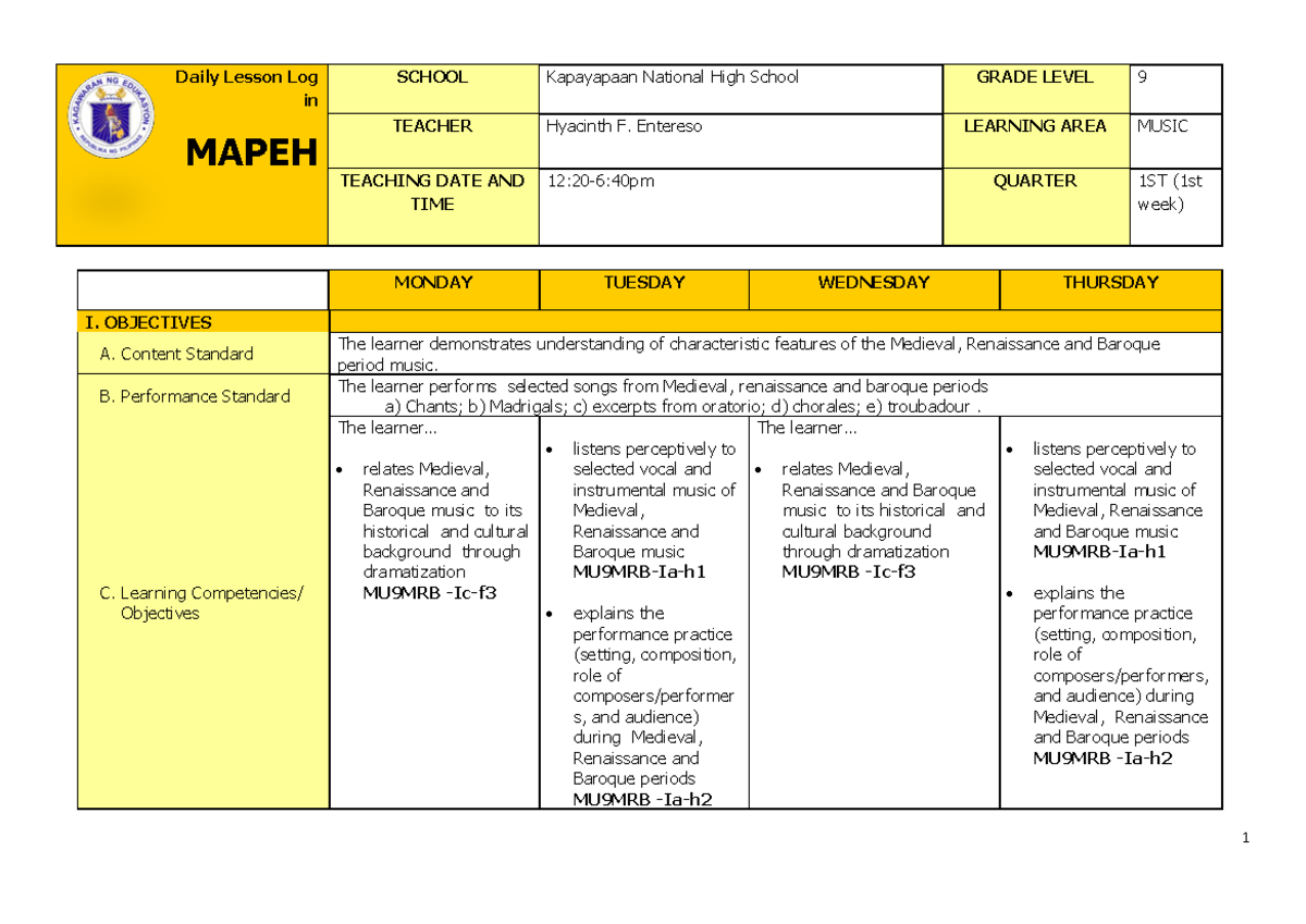 Q1 Grade 9 Music DLL Week 1: Exploring Medieval, Renaissance & Baroque ...