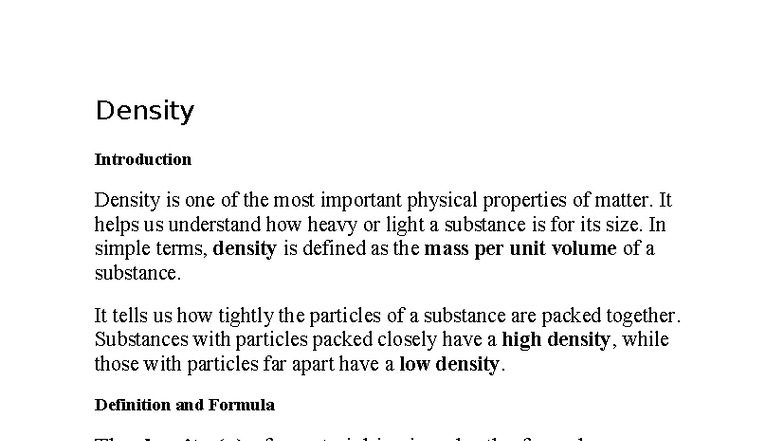Density Introduction: Understanding Mass and Volume Relationships - Studocu