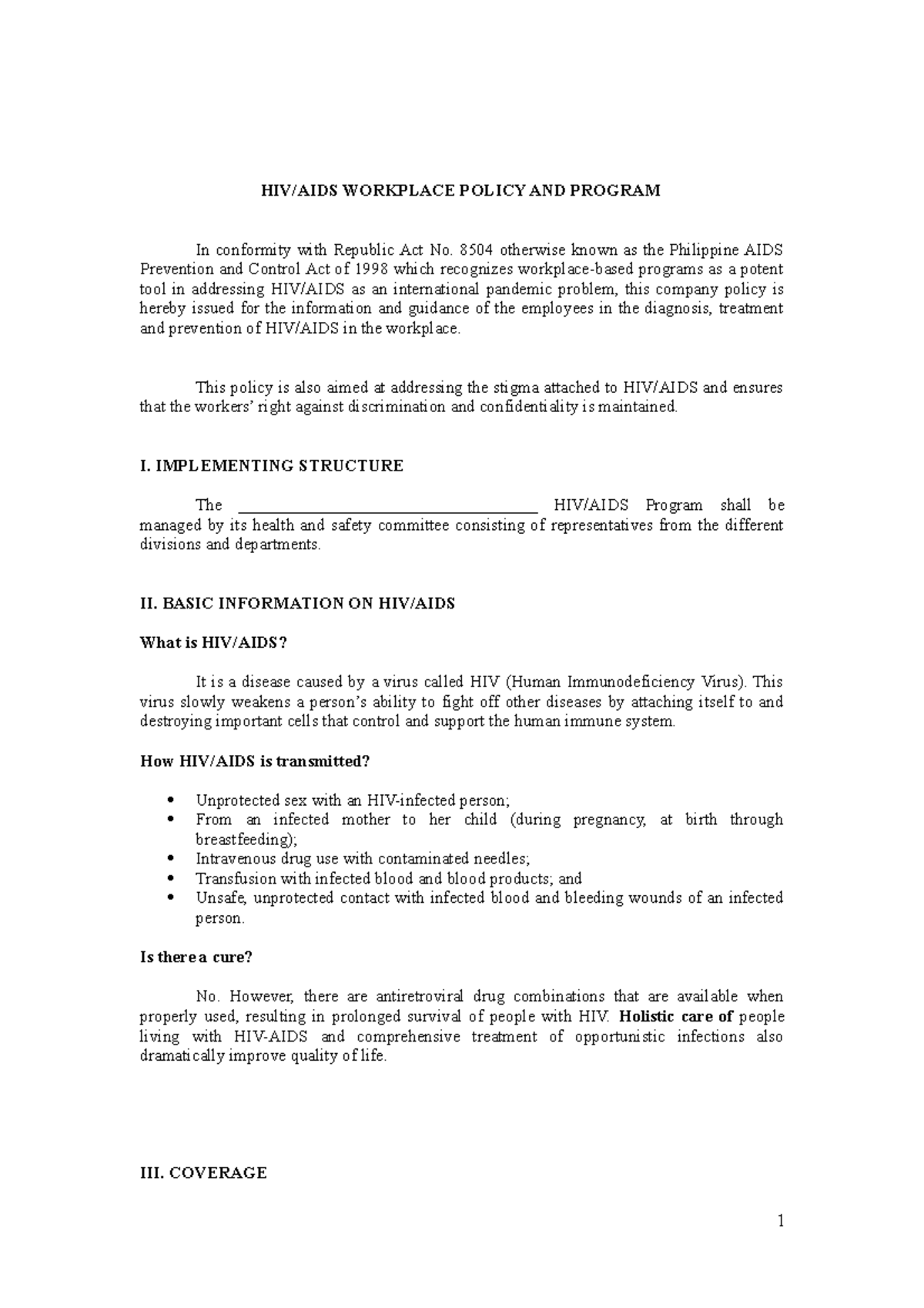 HIV/AIDS Workplace Policy Program: Implementation and Guidelines - Studocu