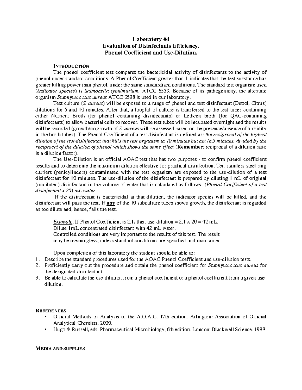 Lab 4 21M - Evaluation of Disinfectants: Phenol Coefficient & Use ...