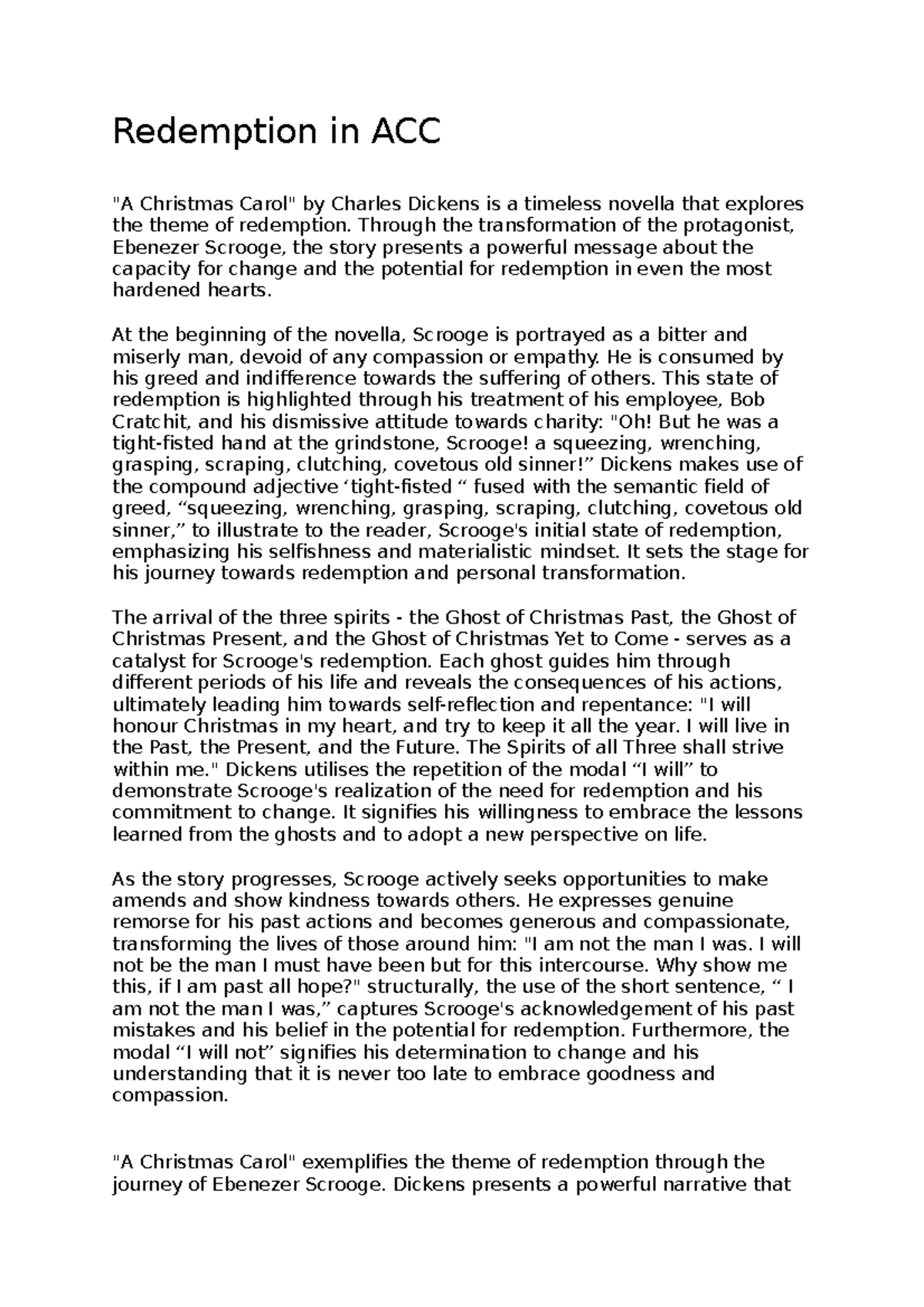 Redemption Theme in Charles Dickens' "A Christmas Carol" (ACC) - Studocu