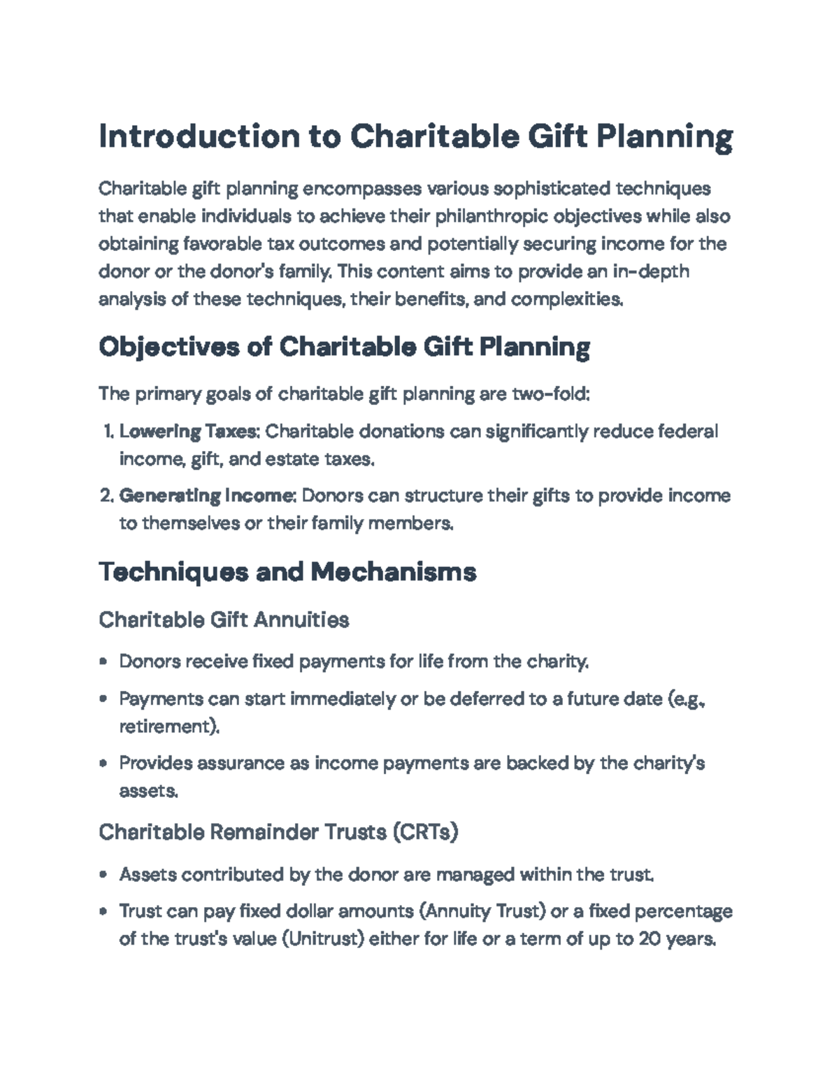 Charitable Gift Planning Techniques and Tax Benefits Overview ...