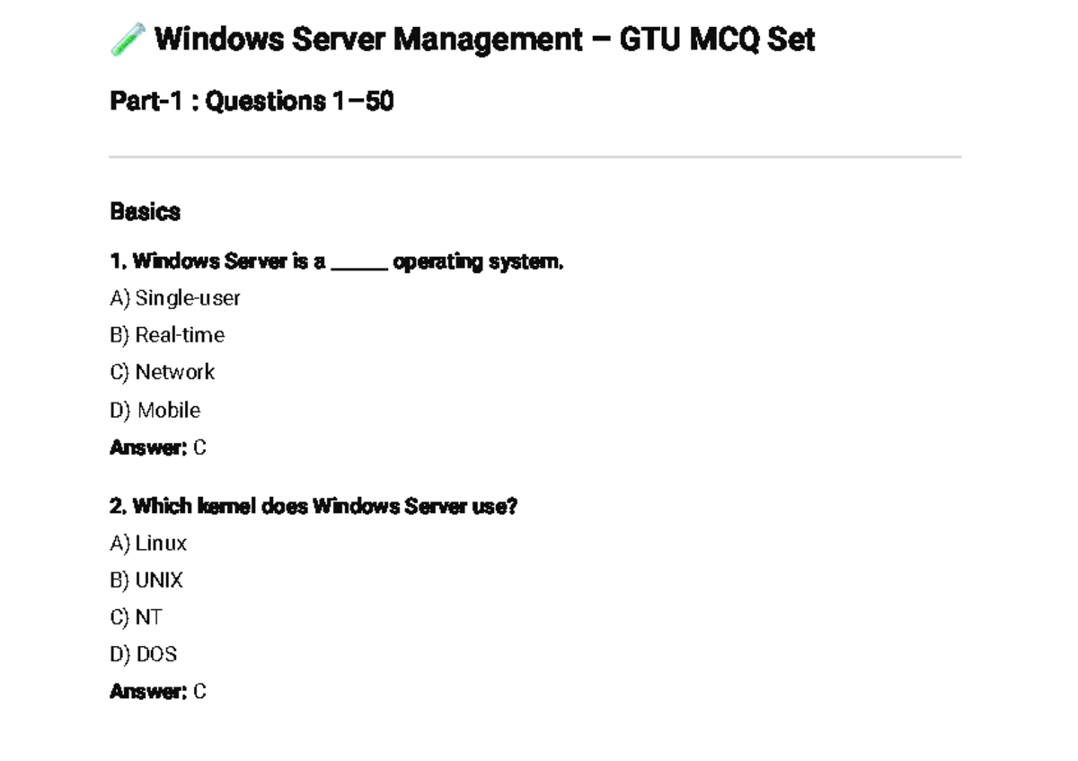 Windows Server Management GTU MCQ Set: Questions 1-151 - Studocu