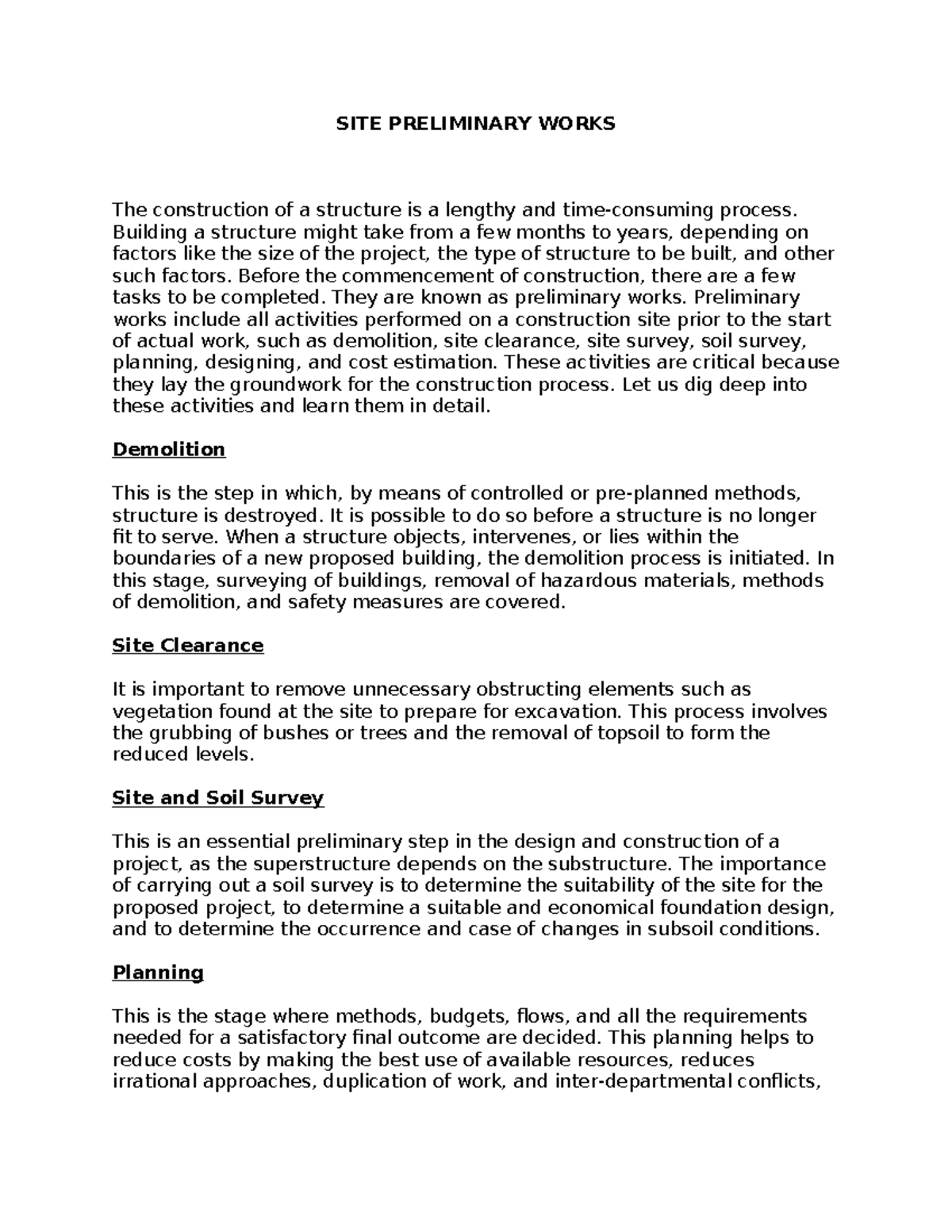 SITE Preliminary Works: Essential Steps Before Construction - Studocu