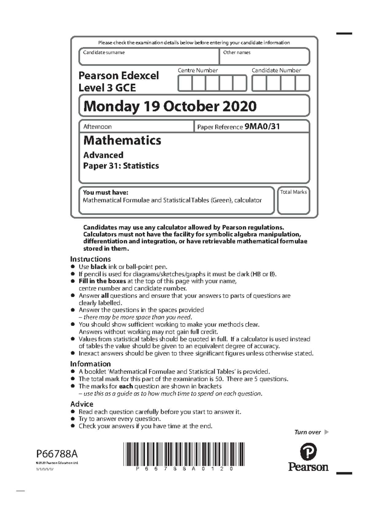 Edexcel A Level Maths Paper 31 - October 2020 Statistics Exam - Studocu
