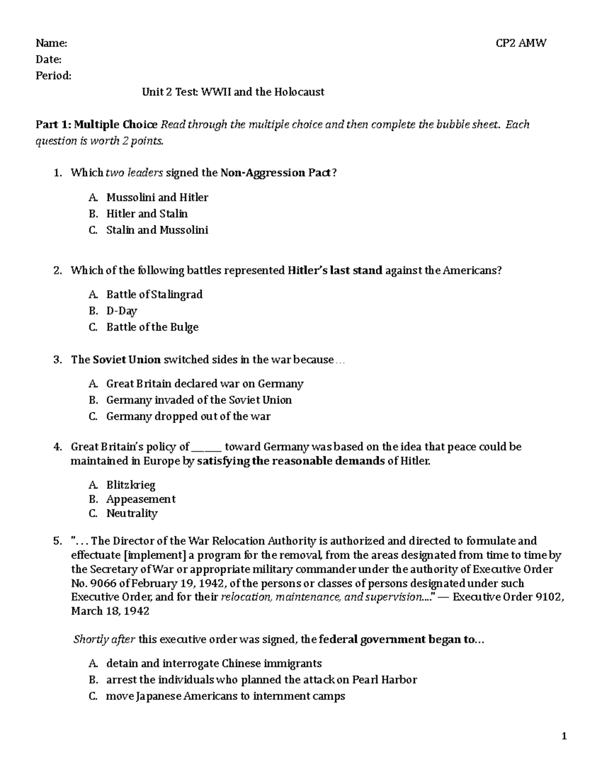 Holocaust- AMW Unit 2 Test 24 - Name: CP2 AMW Date: Period: Unit 2 Test ...