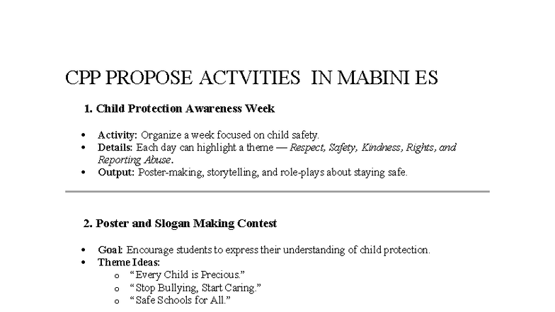 CPP Activities for Child Protection Awareness Week - Studocu