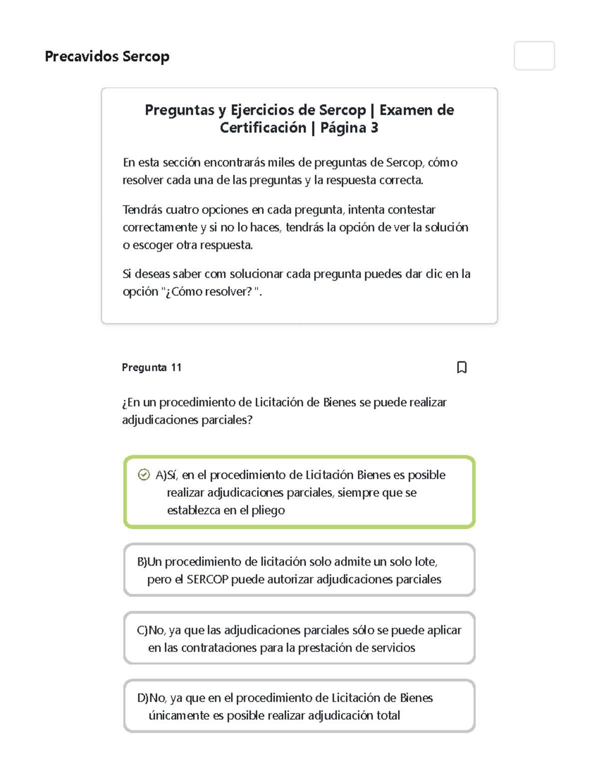 Preguntas y Ejercicios de Sercop Examen de Certificación 2025 - Studocu