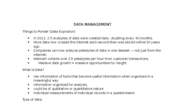 DATA MANAGEMENT: Key Concepts and Insights on Data Explosion - Studocu