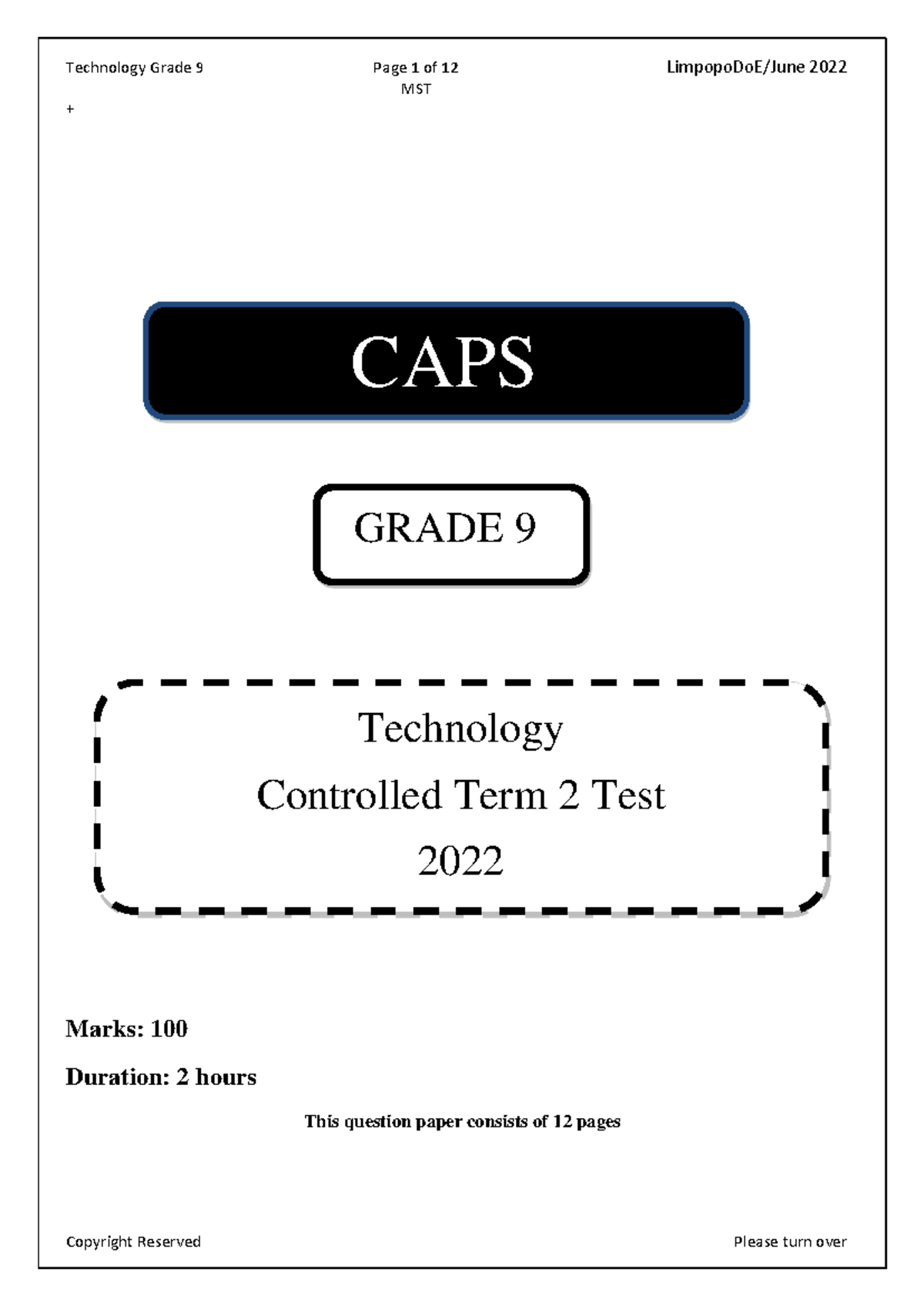 Tech Gr. 9 MST Term 2 Controlled Test 2022 - 100 Marks - Studocu