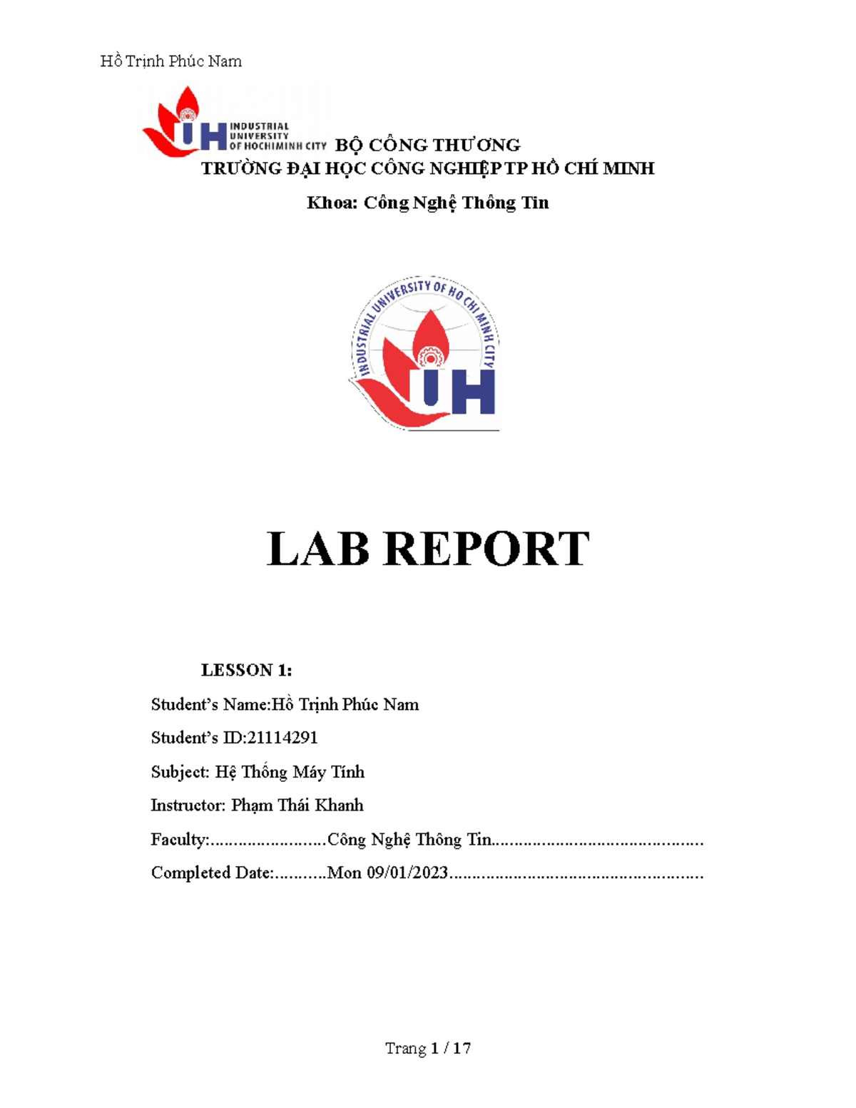 15 Nam Lab1 - năm 1 - BỘ CÔNG THƯƠNG TRƯỜNG ĐẠI HỌC CÔNG NGHIỆP TP HỒ CHÍ MINH Khoa: Công Nghệ ...