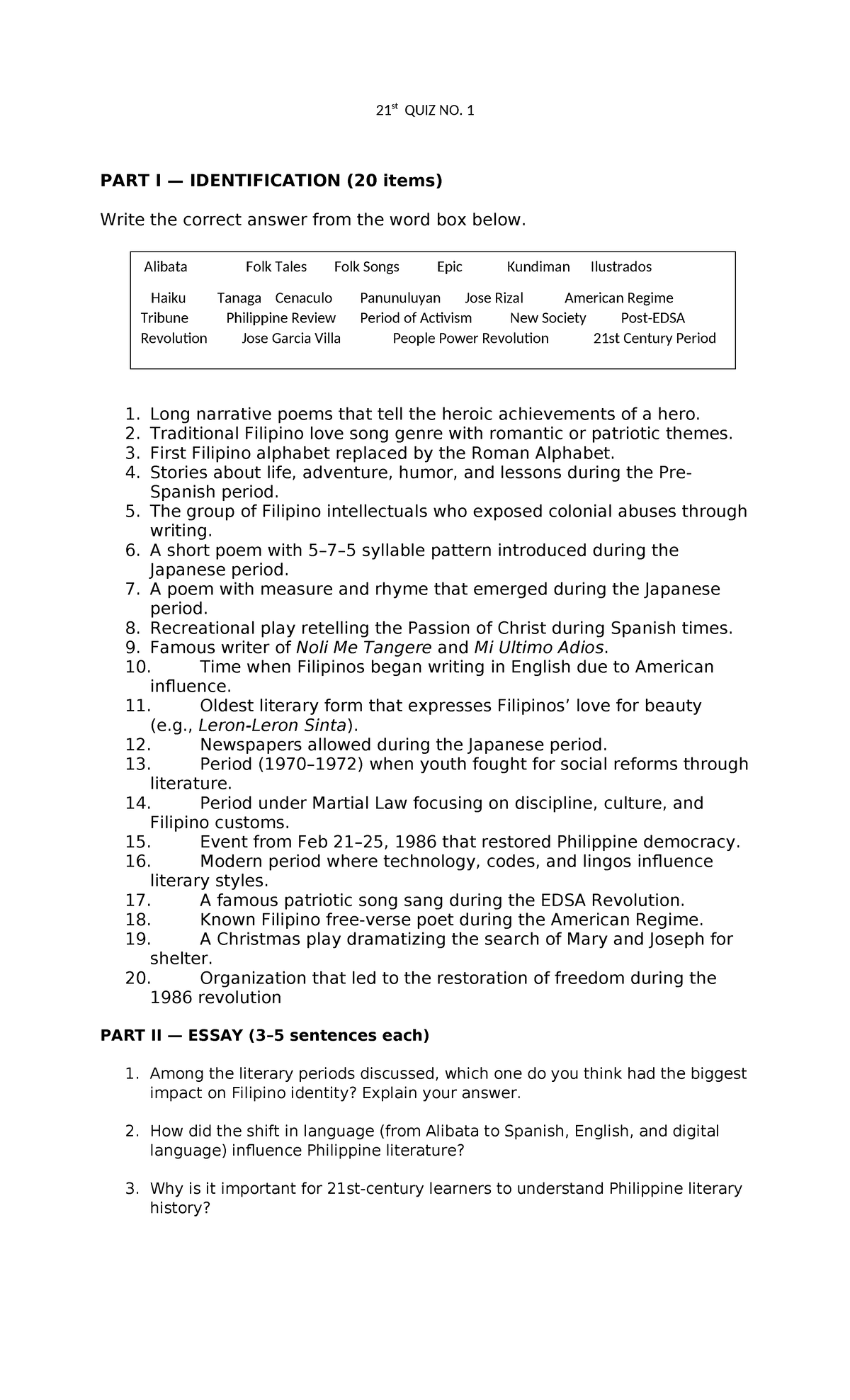 21st QUIZ NO. 1: Identification & Essay on Philippine Literature - Studocu