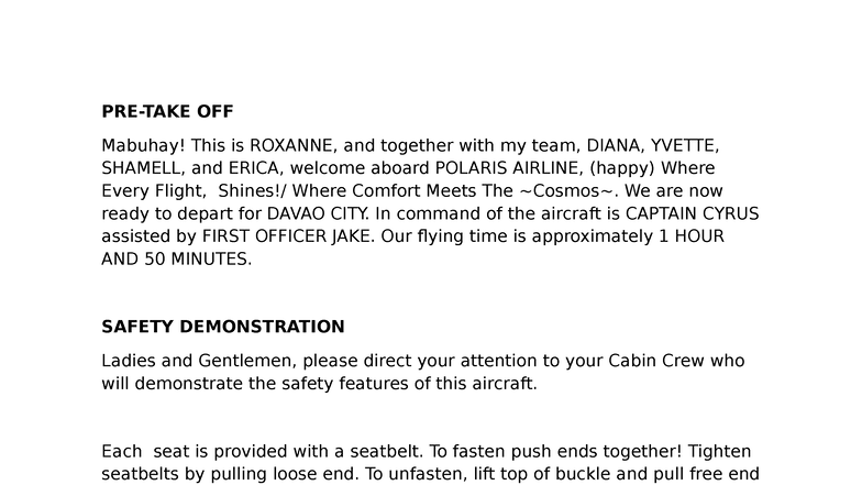 Safety Demonstration Script for Polaris Airline Flight - Studocu