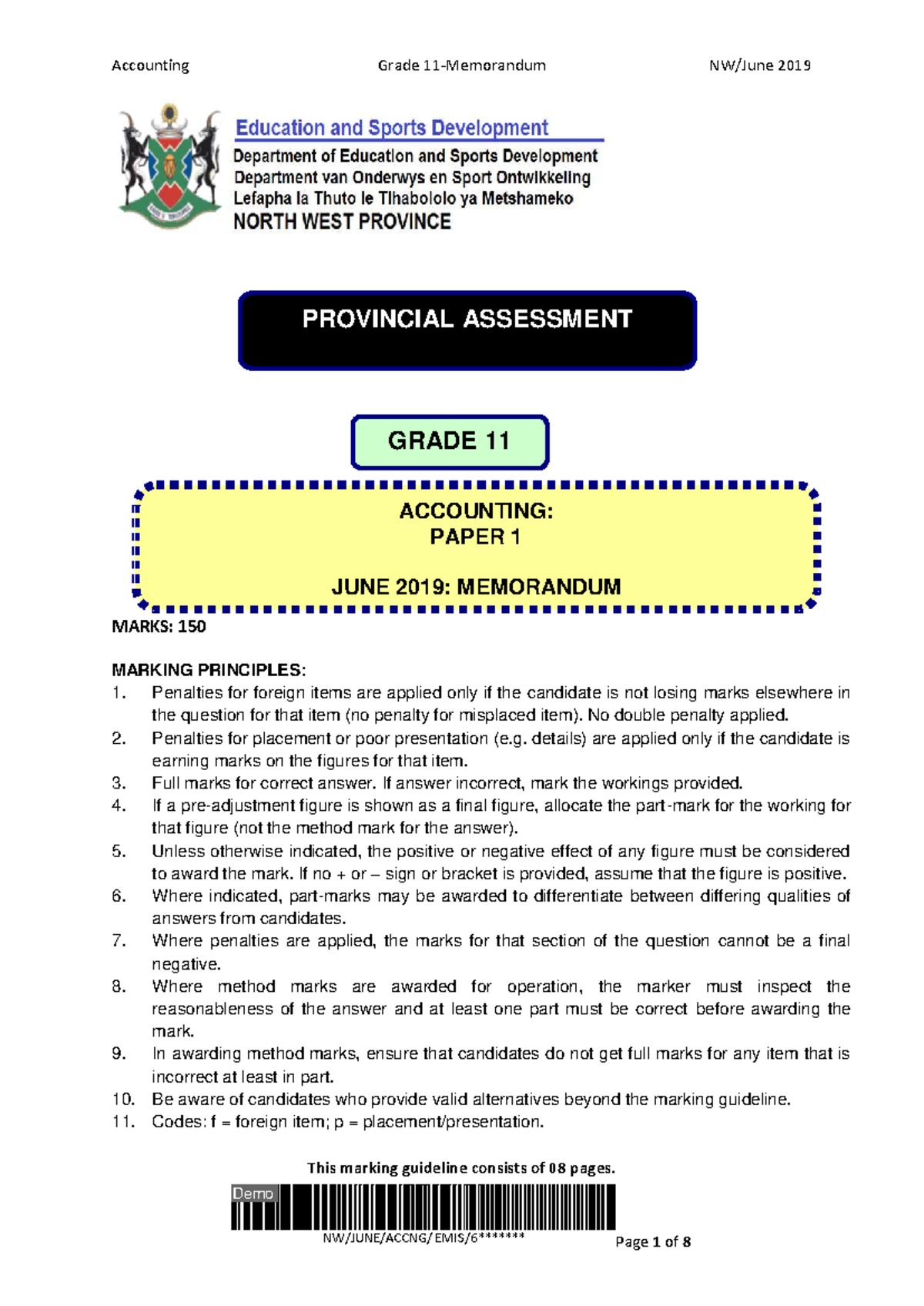 Accounting GR 11 June 2019 Provincial Assessment Memo: Paper 1 - Studocu