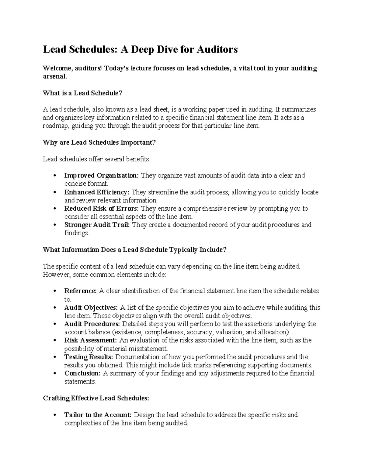 Lead Schedules: Essential Tools for Effective Auditing Practices - Studocu