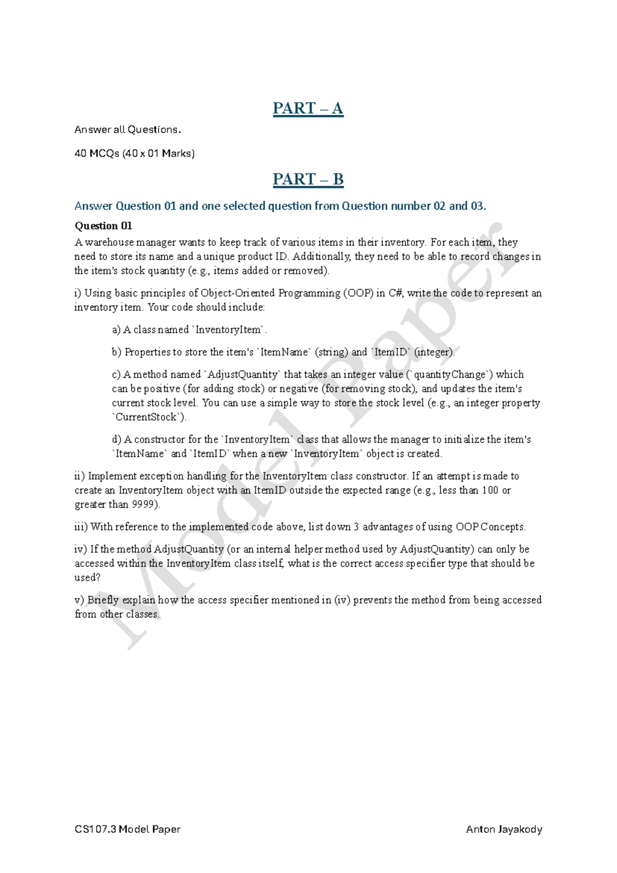 CS107.3 - OOP in C#: Model Paper with MCQs and Coding Questions - Studocu