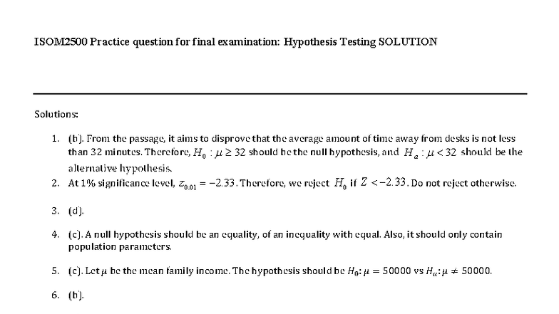 ISOM2500 Final Exam Practice Solutions: Hypothesis Testing - Studocu