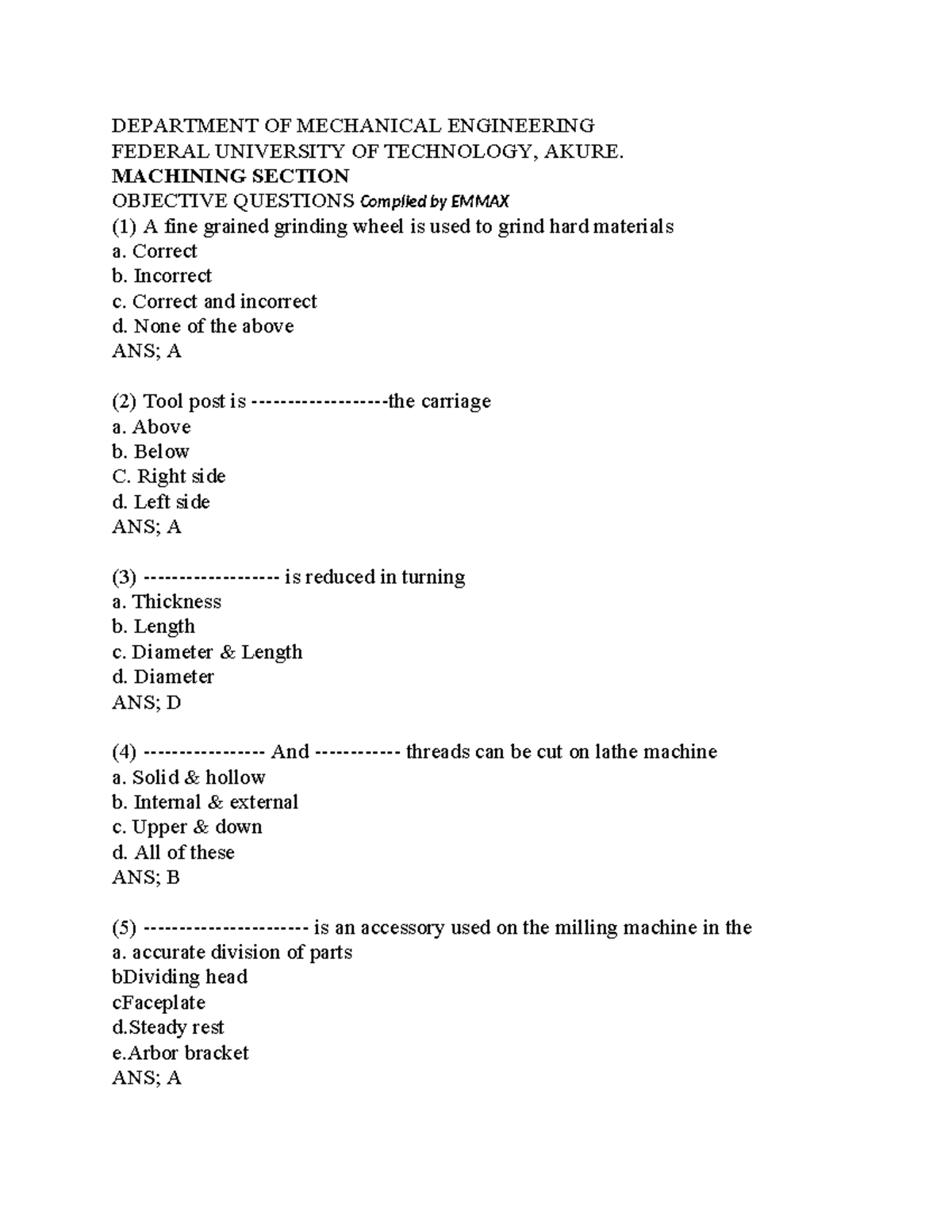 MEE 102 Workshop Safety: Objective Questions for Exam Preparation - Studocu