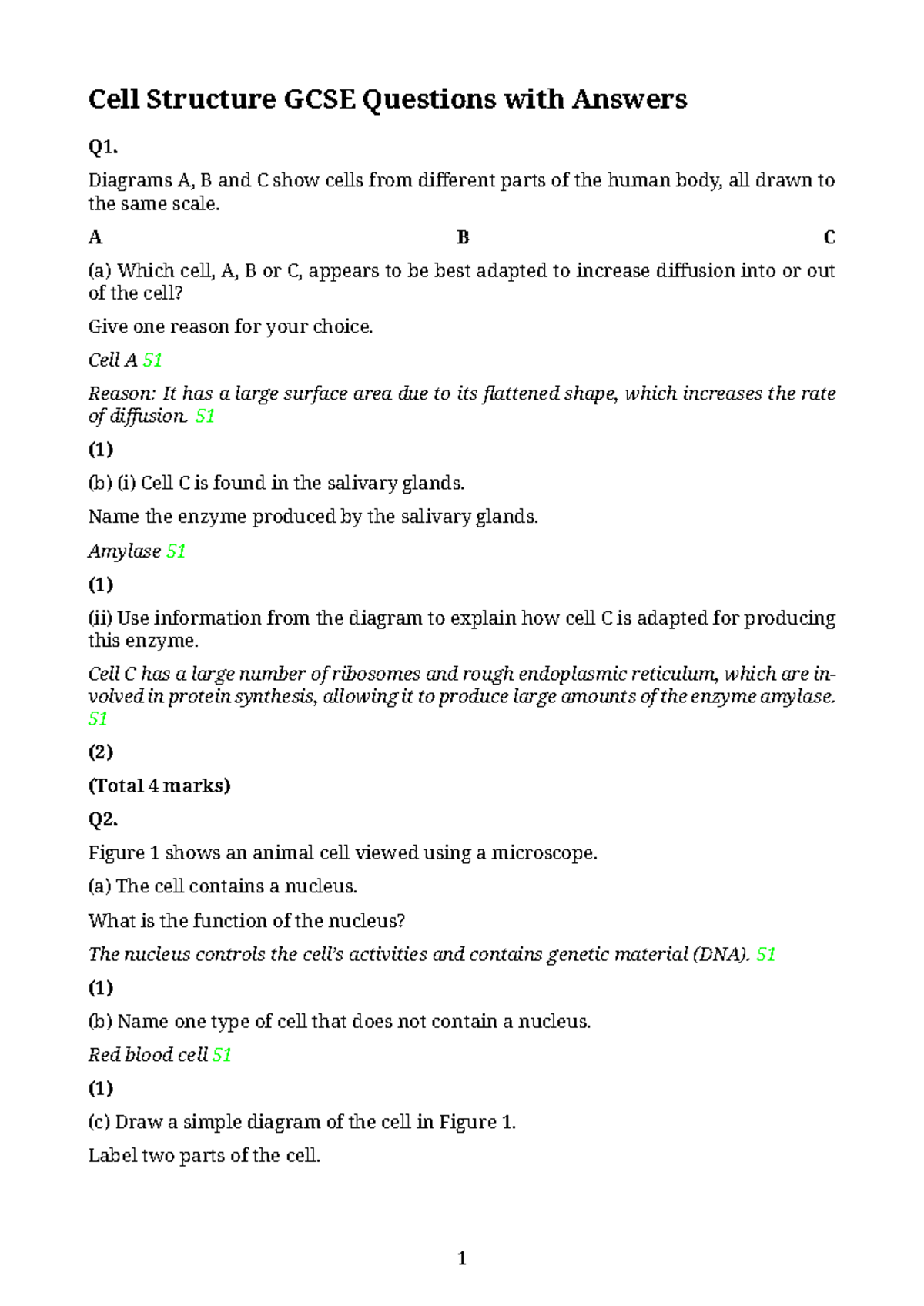 GCSE Biology: Cell Structure Revision Questions & Answers - Studocu