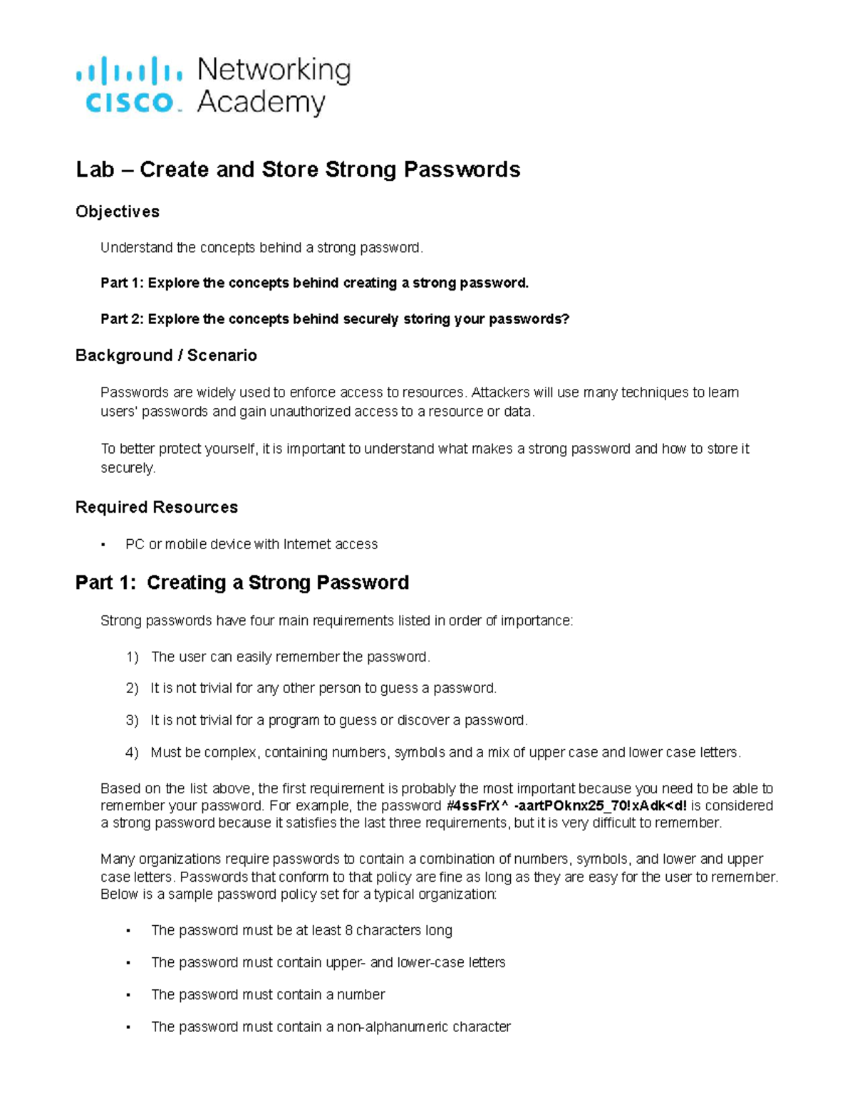 IT120 3.1.1.5 Lab - Create and Store Strong Passwords - Objectives Understand the concepts ...