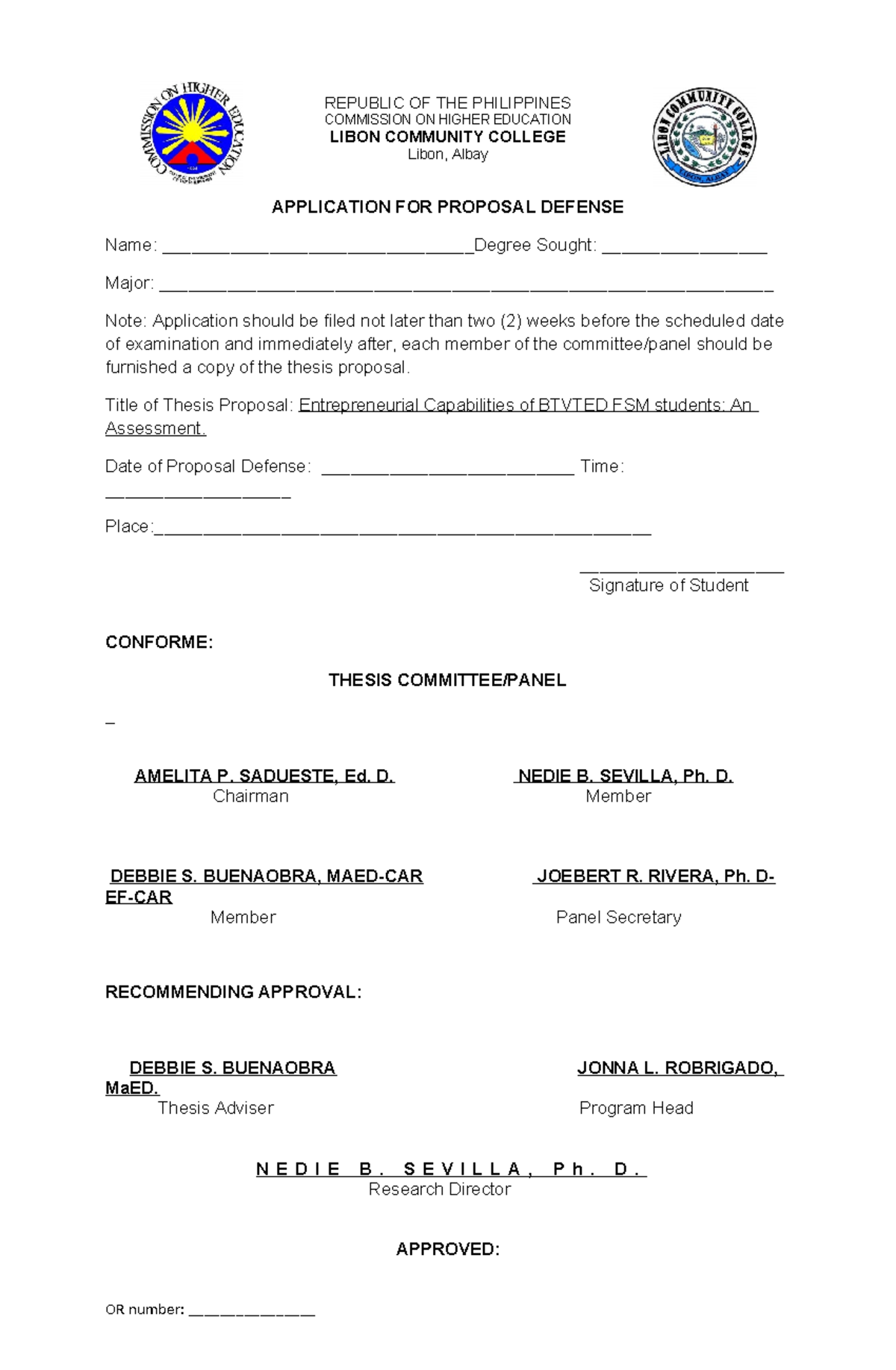 Proposal Defense Application for BTVTED FSM Students 111148 - Studocu