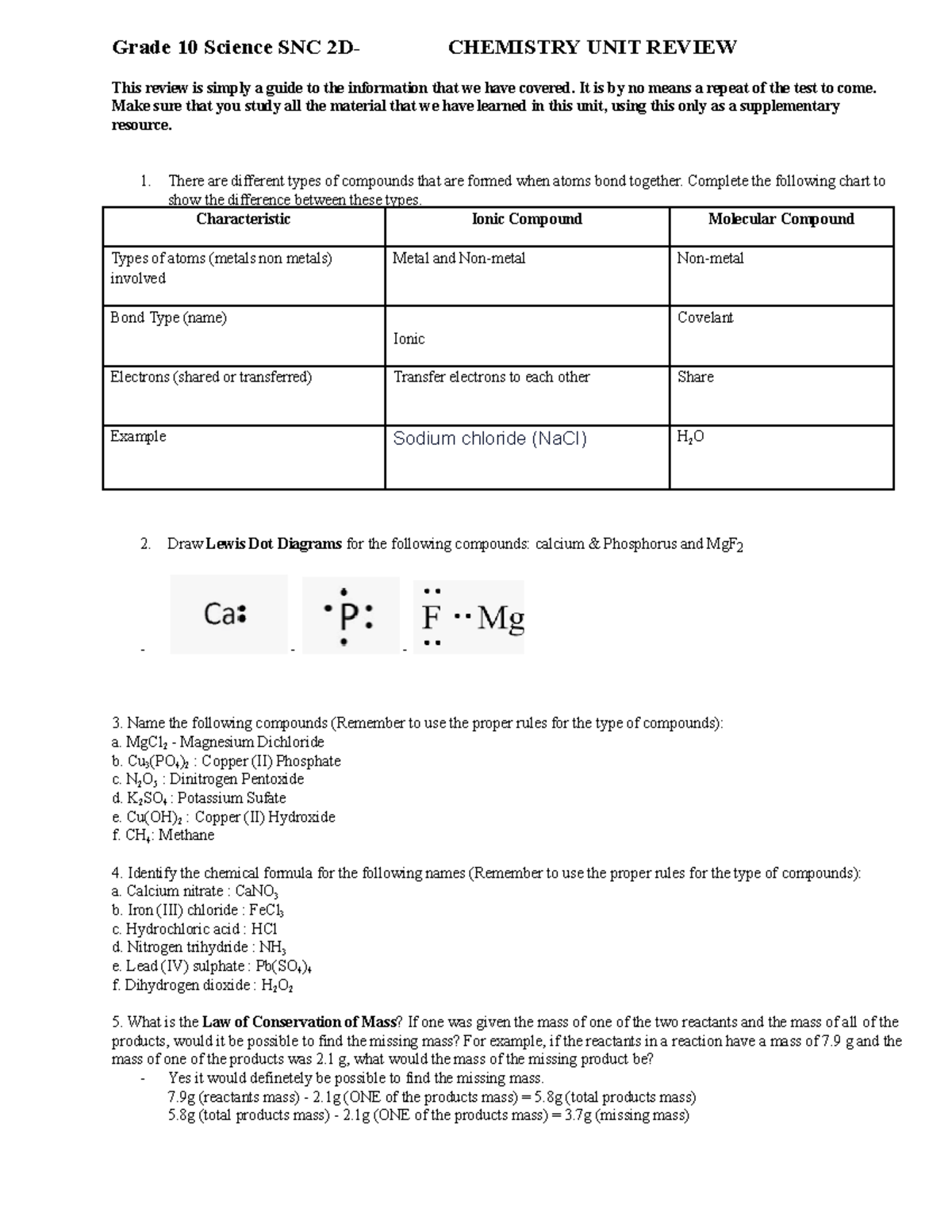 Grade 10 SNC 2D Chemistry Unit Review Notes - Studocu