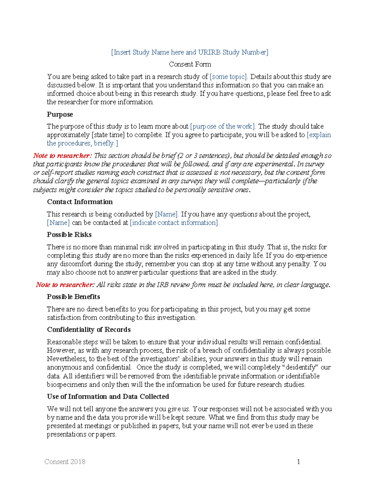 URIRB Study Consent Form: Participant Information & Guidelines - Studocu