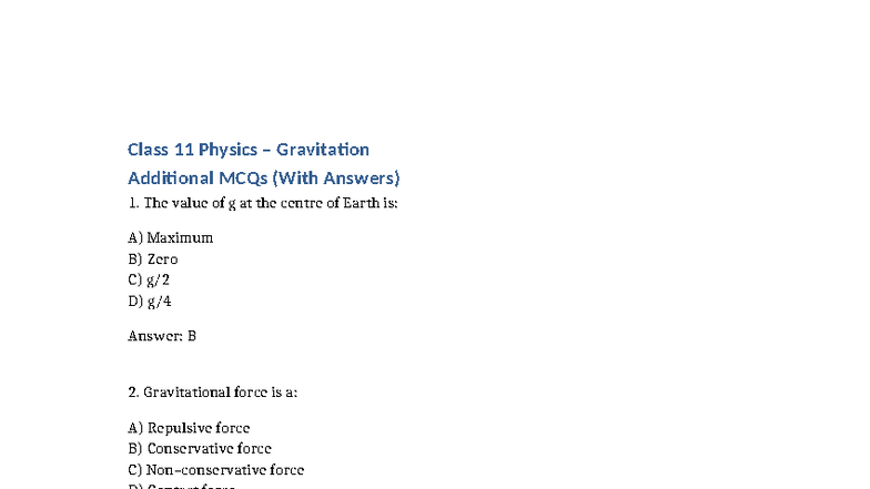 Class 11 Physics Gravitation Extra MCQs with Answers - Studocu