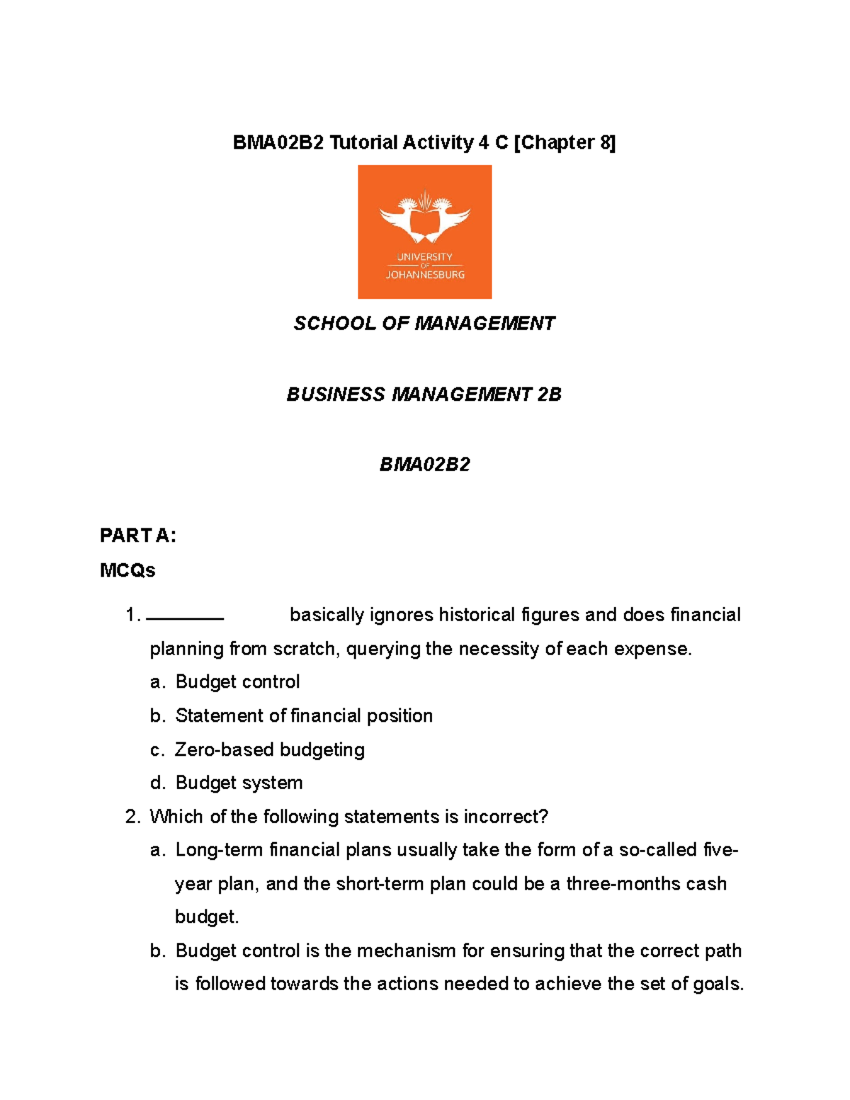 BMA02B2 Tutorial Activity 4C: Financial Planning & Budgeting Insights ...