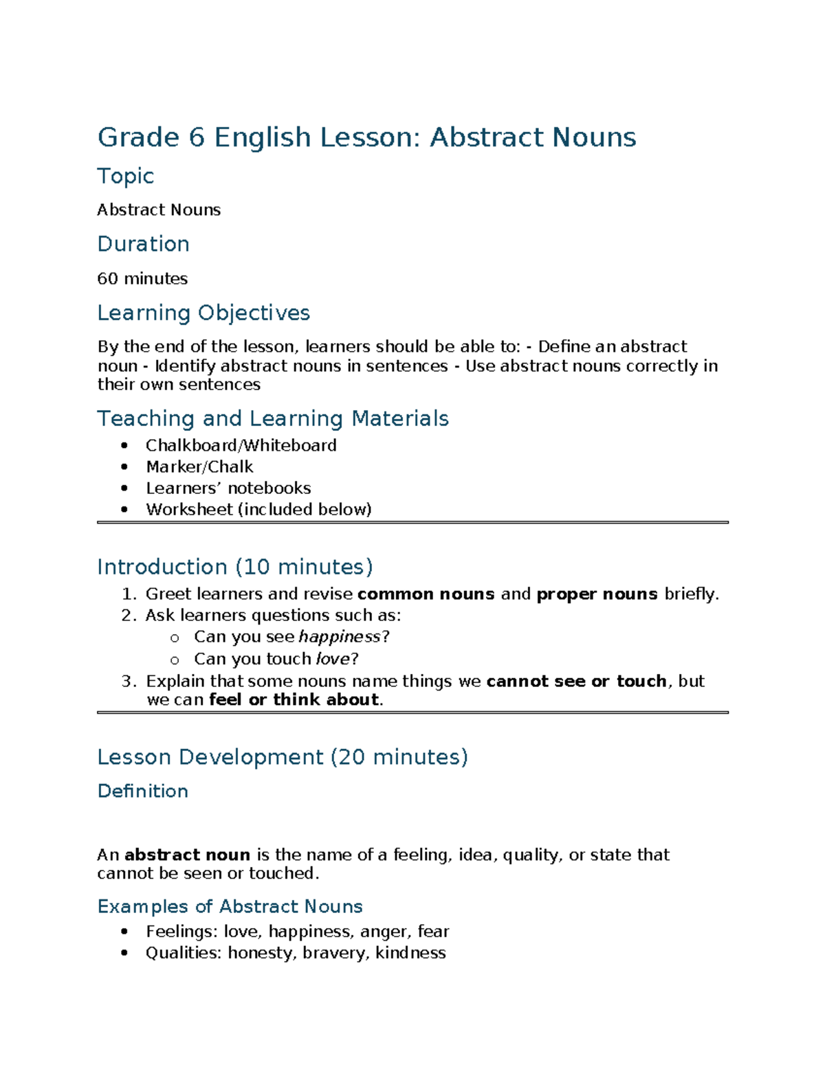 Grade 6 English Lesson: Understanding Abstract Nouns - Studocu