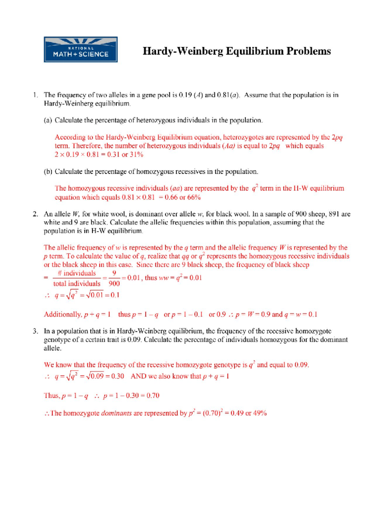 Hardy-Weinberg Equilibrium Problem Set KEY (NATIONAL MATH SCIENCE ...