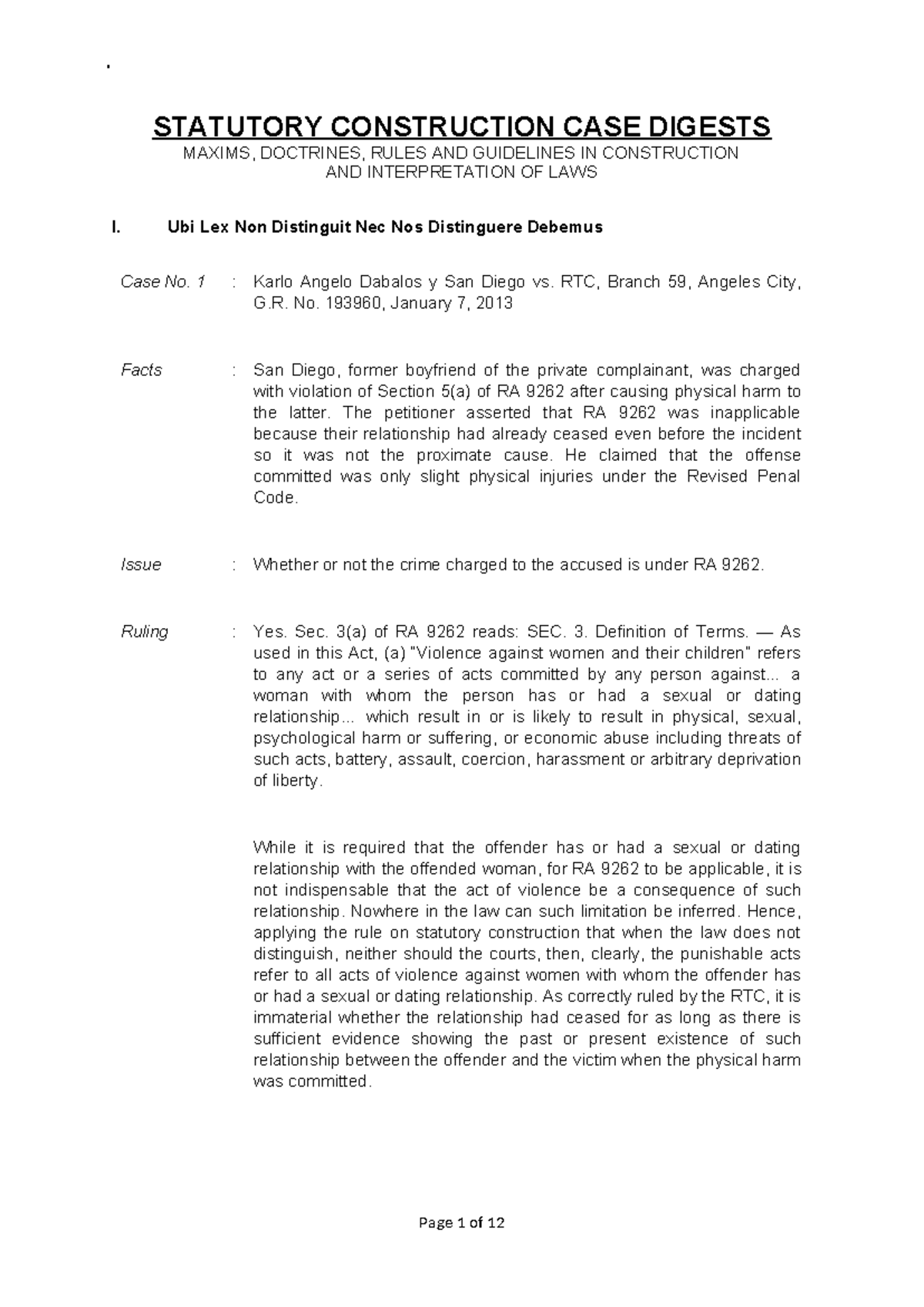 STAT 101: Case Digests on Statutory Construction Maxims and Doctrines ...