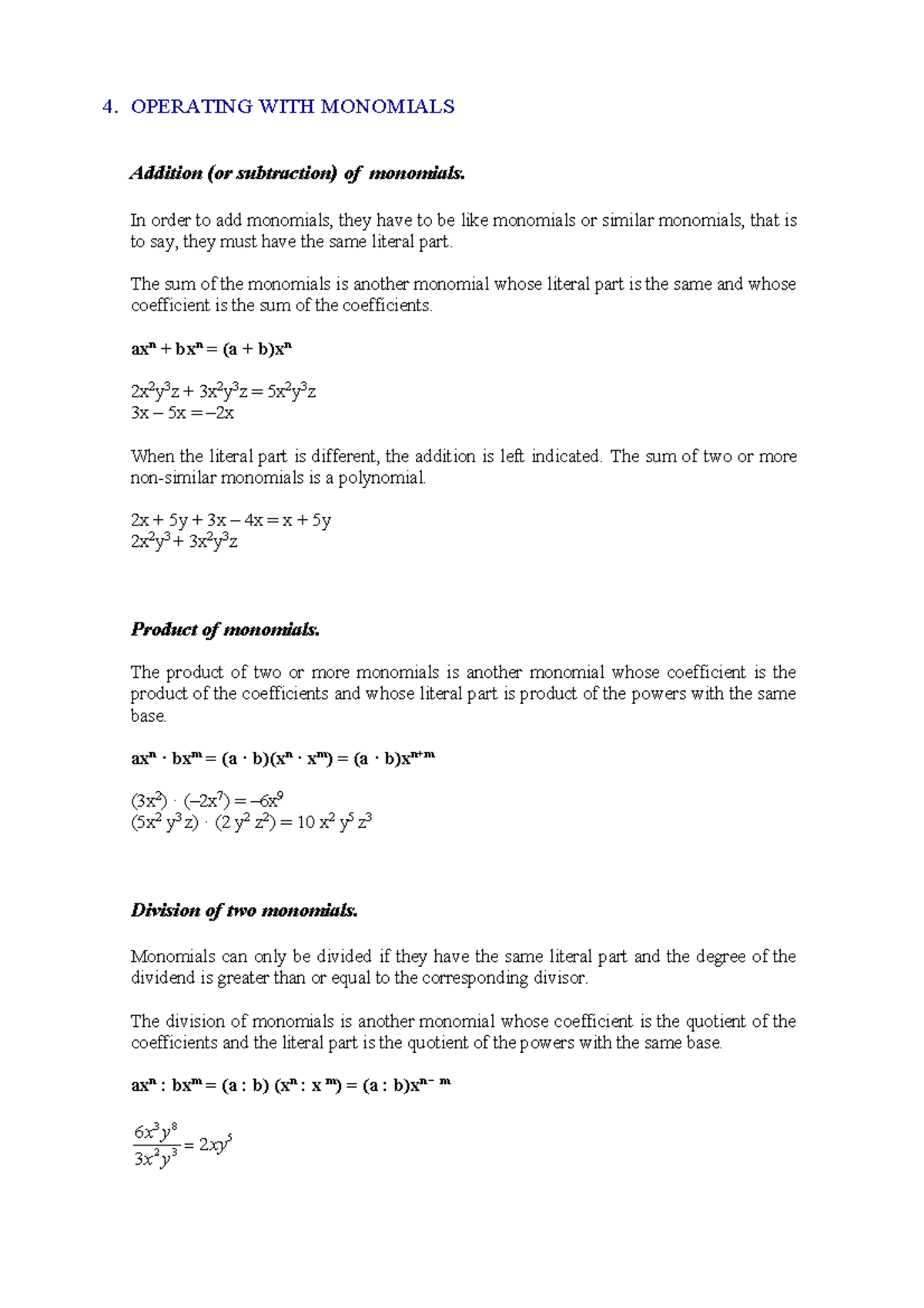 Operating with Monomials: Comprehensive Guide & Examples - Studocu