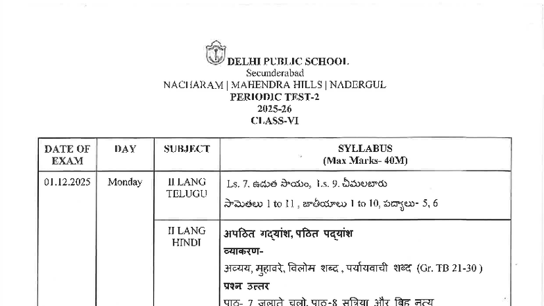 Class 6 PT-2 Syllabus 2025-26: Subject Breakdown and Exam Dates - Studocu