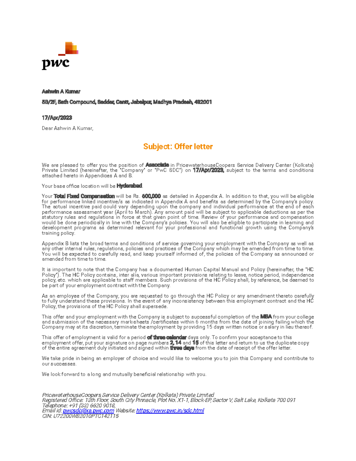 Offer Letter for Associate Position - Jaydeep Pal at PwC SDC - Studocu