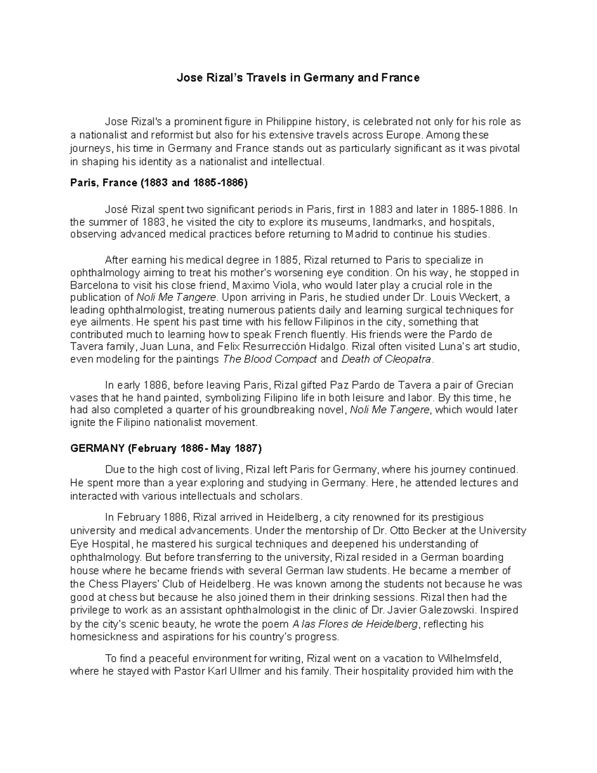 Jose Rizal's Significant Travels in Paris & Germany (1883-1887) - Studocu