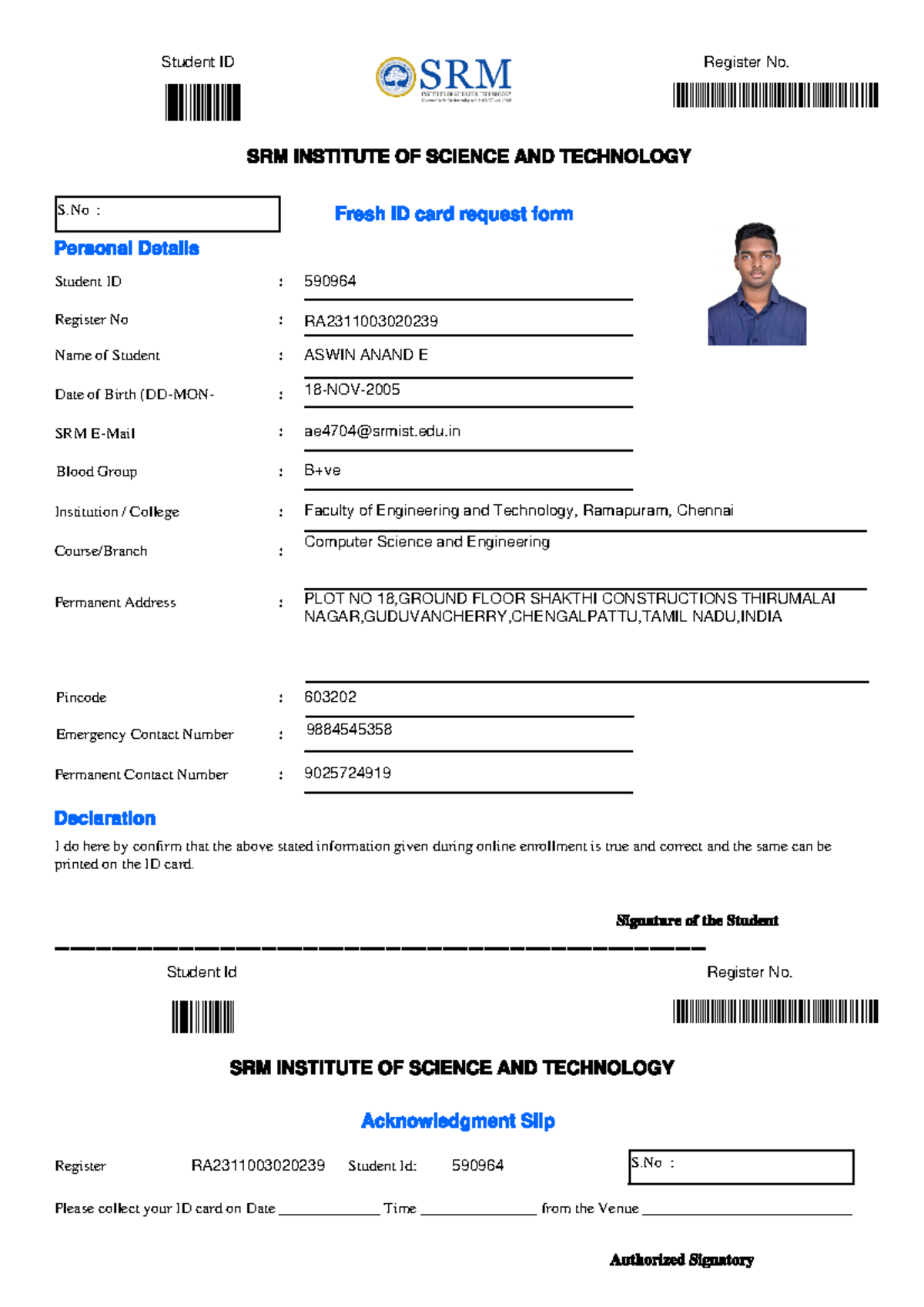 SRM IST ID Card Request Form - Student ID 590964 - Studocu