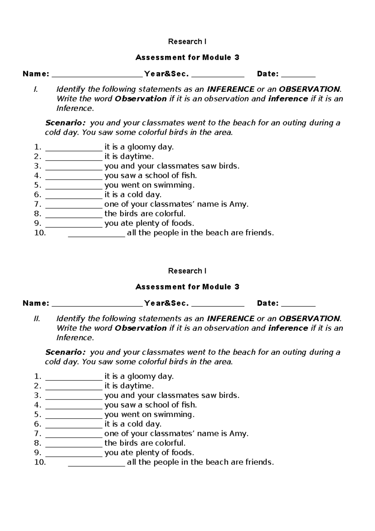 Module 3 Research I Assessment: Inference vs Observation Review - Studocu