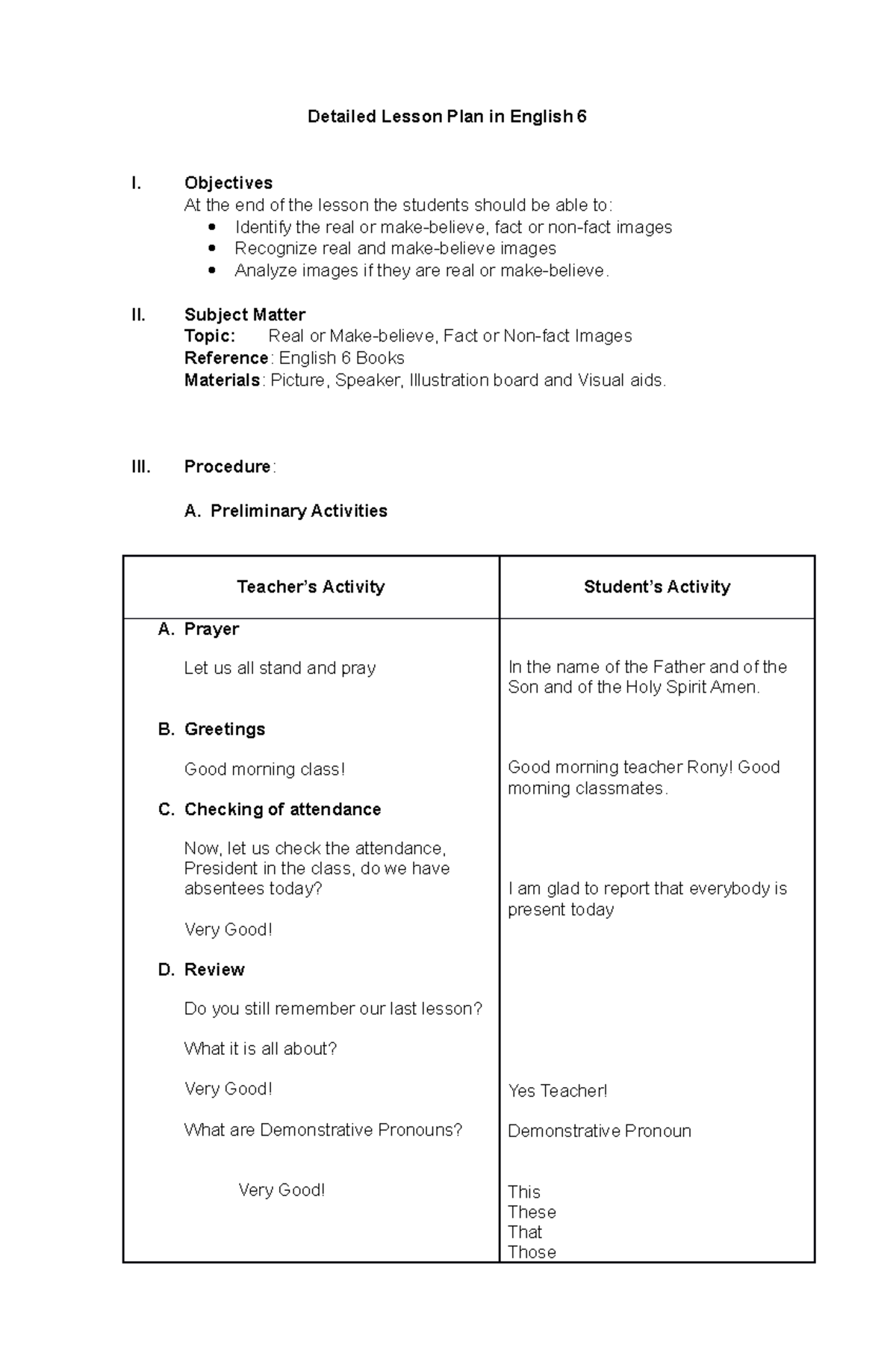 English 6 Detailed Lesson Plan: Real vs. Make-Believe Images - Studocu