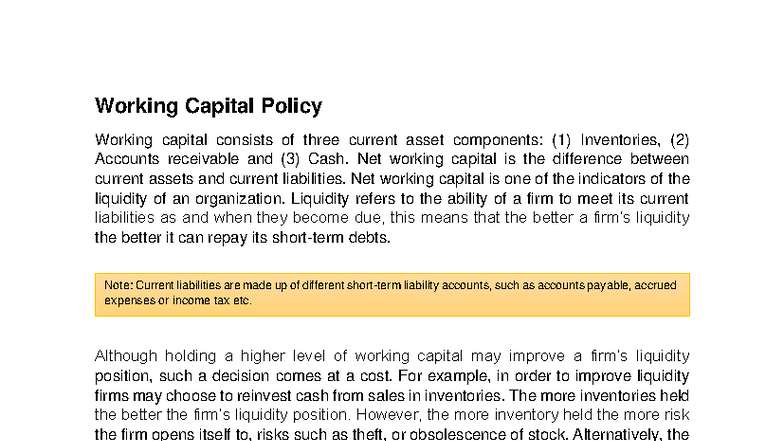 Working Capital Policy Notes: Managing Liquidity and Investment ...