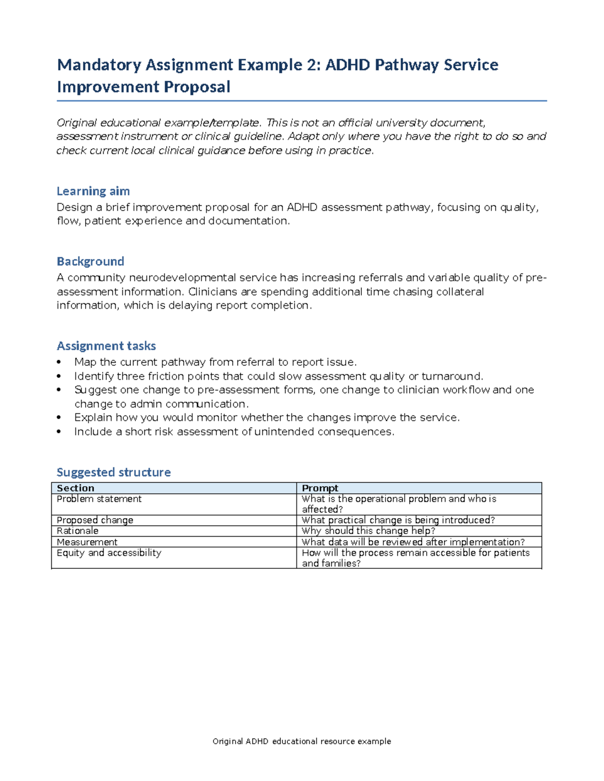 ADHD Pathway Service Improvement Proposal: Mandatory Assignment 02 ...