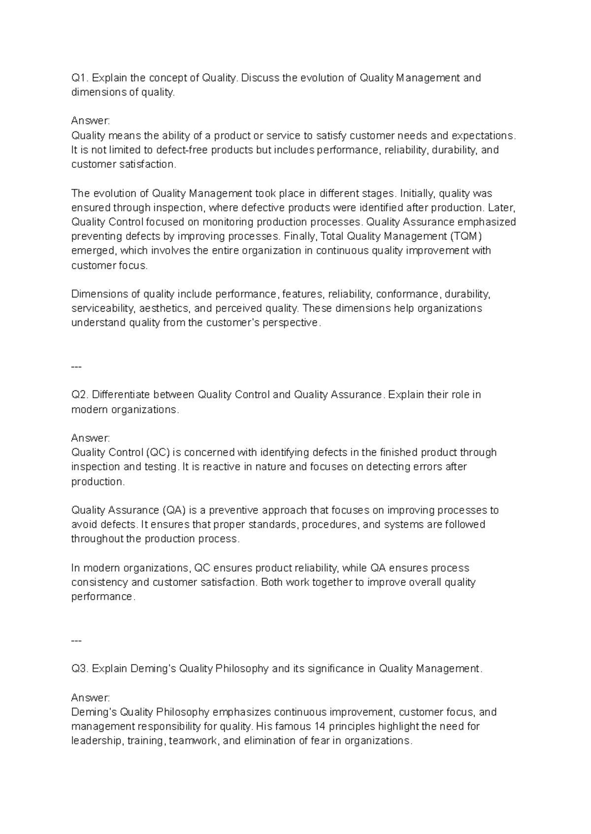 Quality Management Important Questions: Concepts, Evolution, and ...