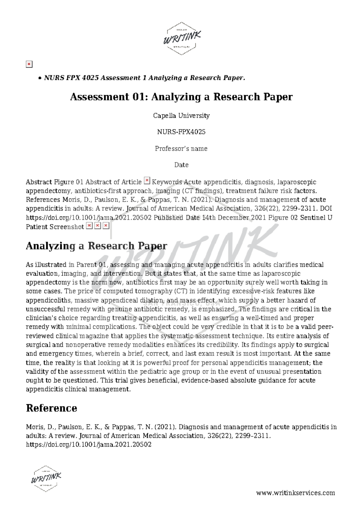 NURS FPX 4025 Assessment 1: Research Paper Analysis on Appendicitis - Studocu