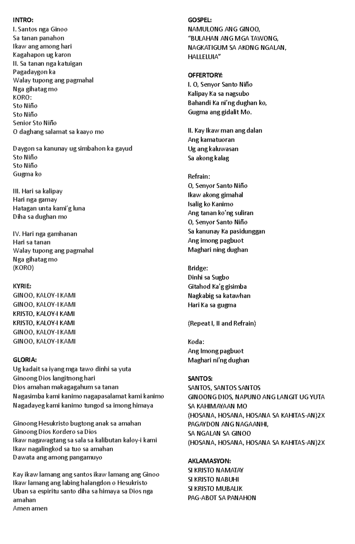 Fiesta - Lyrics for Santo Niño Celebration - Studocu