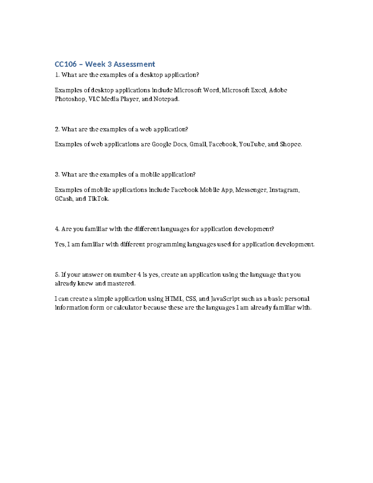 CC106 Week 3 Assessment: Examples of Applications and Development - Studocu