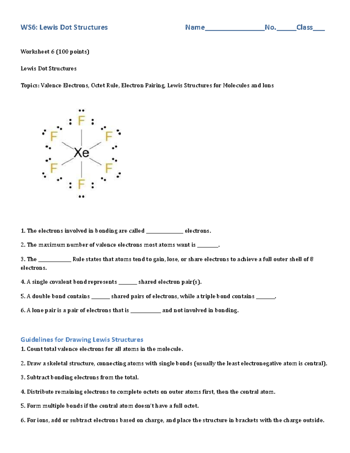 WS6: Lewis Dot Structures Worksheet 6 - Valence Electrons & Bonds - Studocu