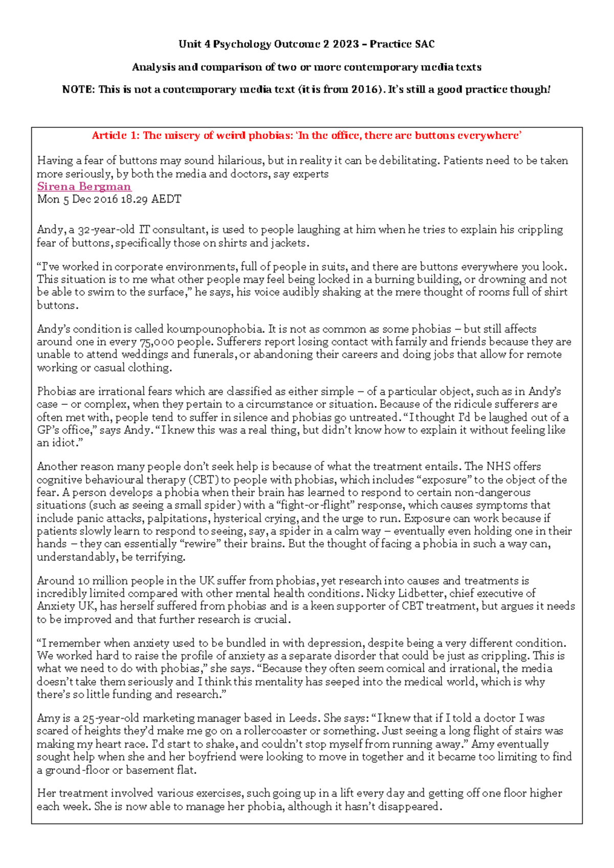 Unit 4 Psychology Outcome 2 2023 – Practice SAC on Phobias and ...