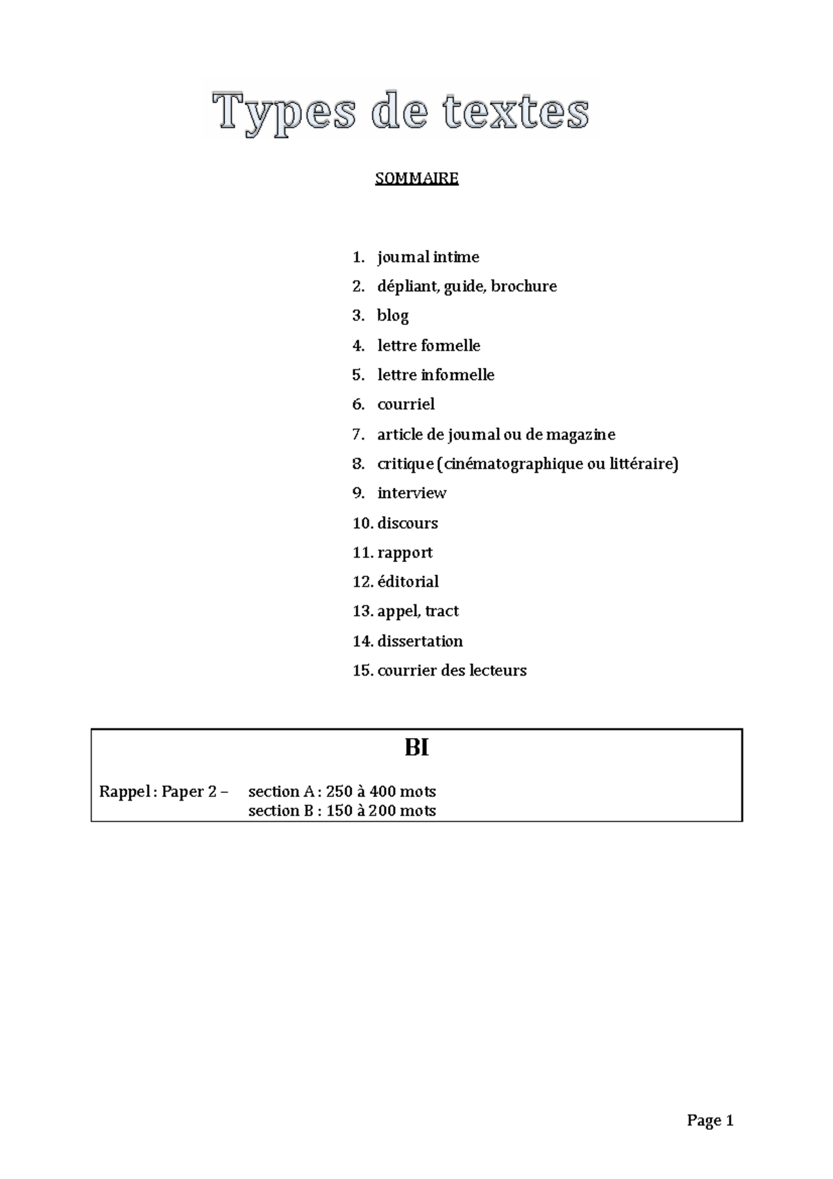 Types de Textes en Français - BI - Studocu